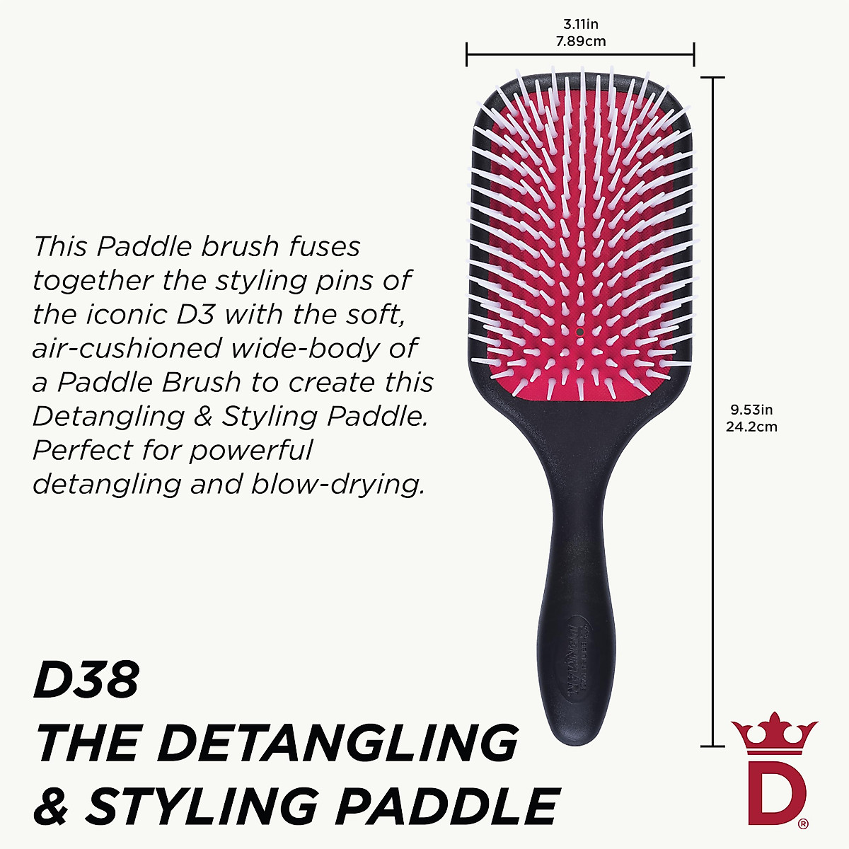 Denman Power Paddle Hair Brush for Fast and Comfortable Detangling, Blow Drying and Styling - Combination of D3 Styling Pins & Paddle Brush - For Women and Men (Red & Black), D38