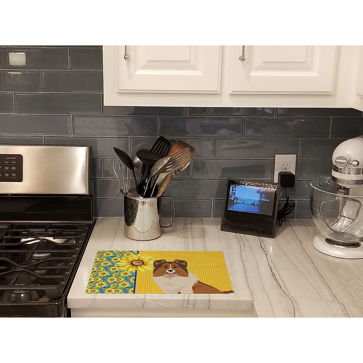 Caroline's Treasures WDK5482LCB Summer Sunflowers Sable Sheltie Glass Cutting Board Large Decorative Tempered Glass Kitchen Cutting and Serving Board Large Size Chopping Board