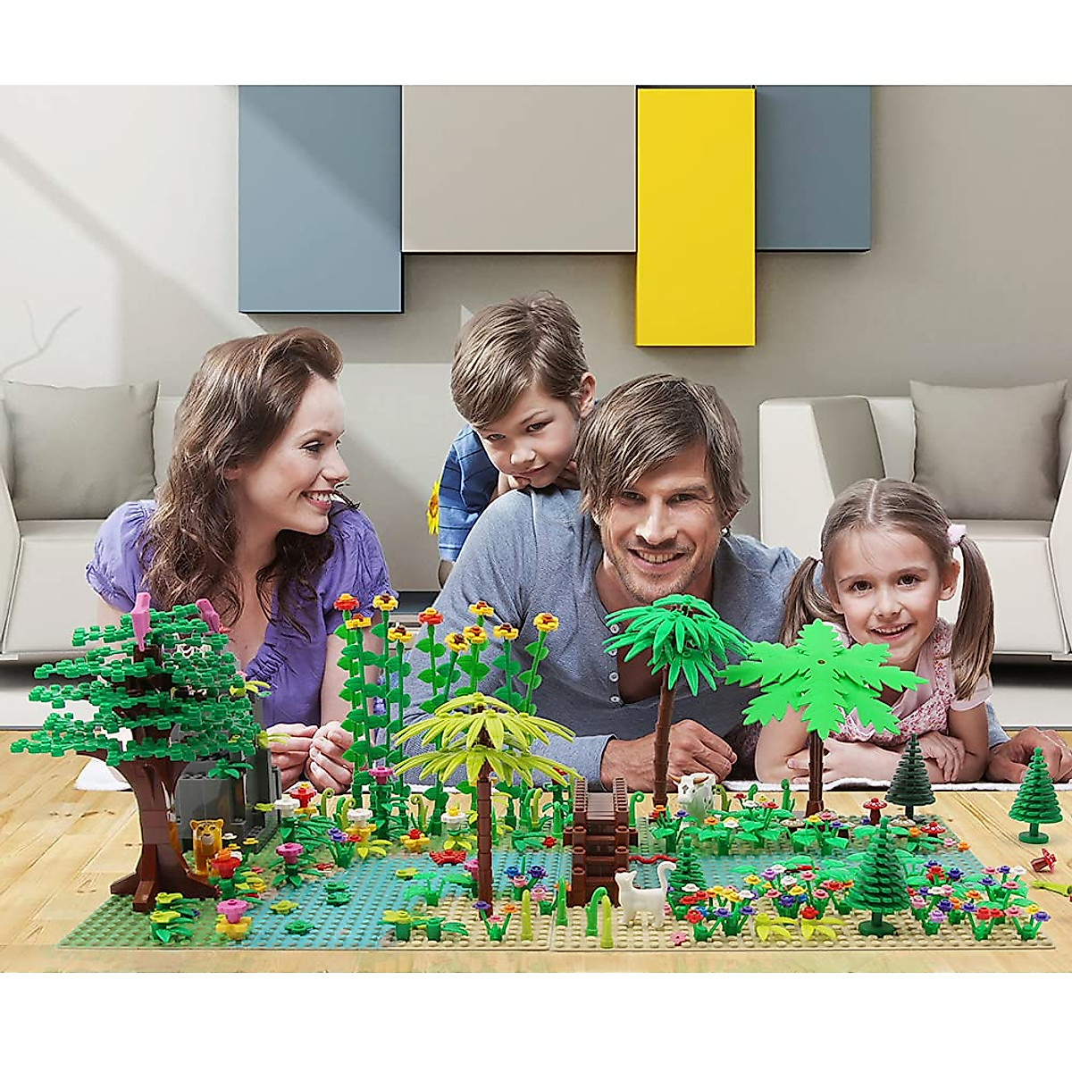 Feleph Jungle Toy Building Set MOC Garden Playset with 2 Baseplates Forest Wildlife Bridge Plants Trees Flowers Animals Cow Wetland Park Kit Block Accessories Compatible with Major Brand