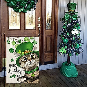 CROWNED BEAUTY St Patricks Day Cat Garden Flag 12x18 Inch Double Sided for Outside Small Hello Lucky Burlap Green Shamrocks Clovers Hat Yard Holiday Decoration