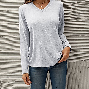 Satoys Womens Tops Fall Casual Loose Fit Long Sleeve Pullover Tops V Neck Shopping Blouse Solid Color Sweatshirts All-Match Style Soft Lightweight Summer Shirts White M 2022 New