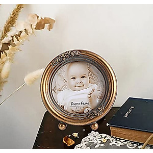 SIKOO Vintage Picture Frames 4x4 Round Picture Frames Antique Circle Mini Photo Frame,Green&Small Picture Frame Mini Round fframs Ornate Picture Frames Bronze Gold
