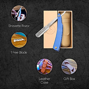 Best Shavette Straight Razor - Replaceable Blade Straight Razor, Metal Handle Shavette, No Stropping or Honing Needed, Great For Beginners, Starter Blade, Hygienic, Close Shave, Leather Case (Blue)