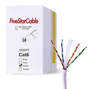Five Star Cable Cat6 23AWG 1000 Ft UTP Bulk LAN Internet PVC Wire 4 Twisted Pair Category 6 Ethernet White Color Cable