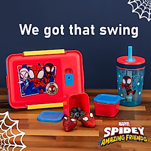 Zak Designs Spidey And His Amazing Friends Reusable Plastic Bento Box with Leak-Proof Seal, Carrying Handle, Microwave Steam Vent, and Individual Containers for Kids' Packed Lunch