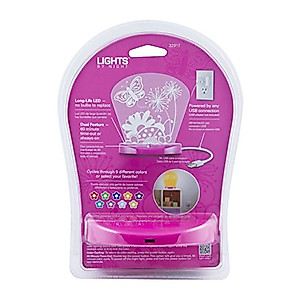 Lights By Night Color-Changing Table Top Lamp Nightlight, Flowers and Butterflies, USB Powered, 9 Multi-Colored 3D Options, Always On/60 Minute Time-Out Feature, Colorful, Pink Acrylic Base, 32917
