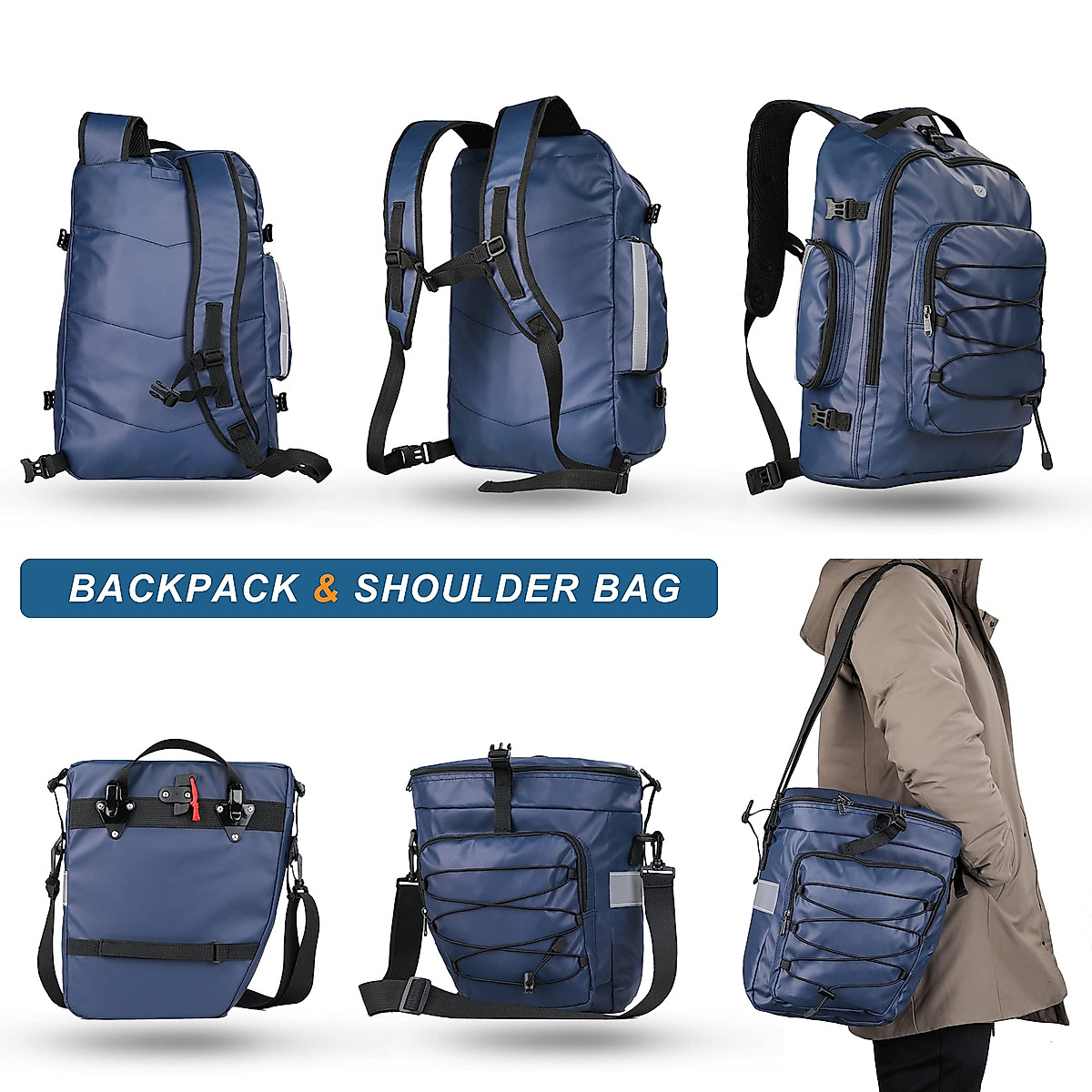 HUNTVP Bike Bag Bike Pannier Bag 3 in 1 Rack Saddle Bag Backpack Rear Seat Bag Shoulder Bag Laptop Pannier Cargo Rack Bicycle Bag with Rain Cover (Blue)