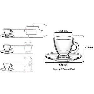Espresso Cups, 3.2-Ounce. Small Demitasse Clear Glass Espresso Drinkware, Set Of 2 Cups, Saucers and Stainless Steel mini Spoons, Hostess, Coffee Lover/Enthusiast,