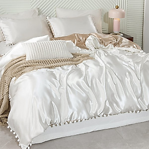 Herside Satin Duvet Cover Twin Size White Silk Like Satin Bedding Set Reversible White Light Khaki Pom Pom Fringed Silky Duvet Cover Boho Home Decor(White-Light Khaki, Twin)
