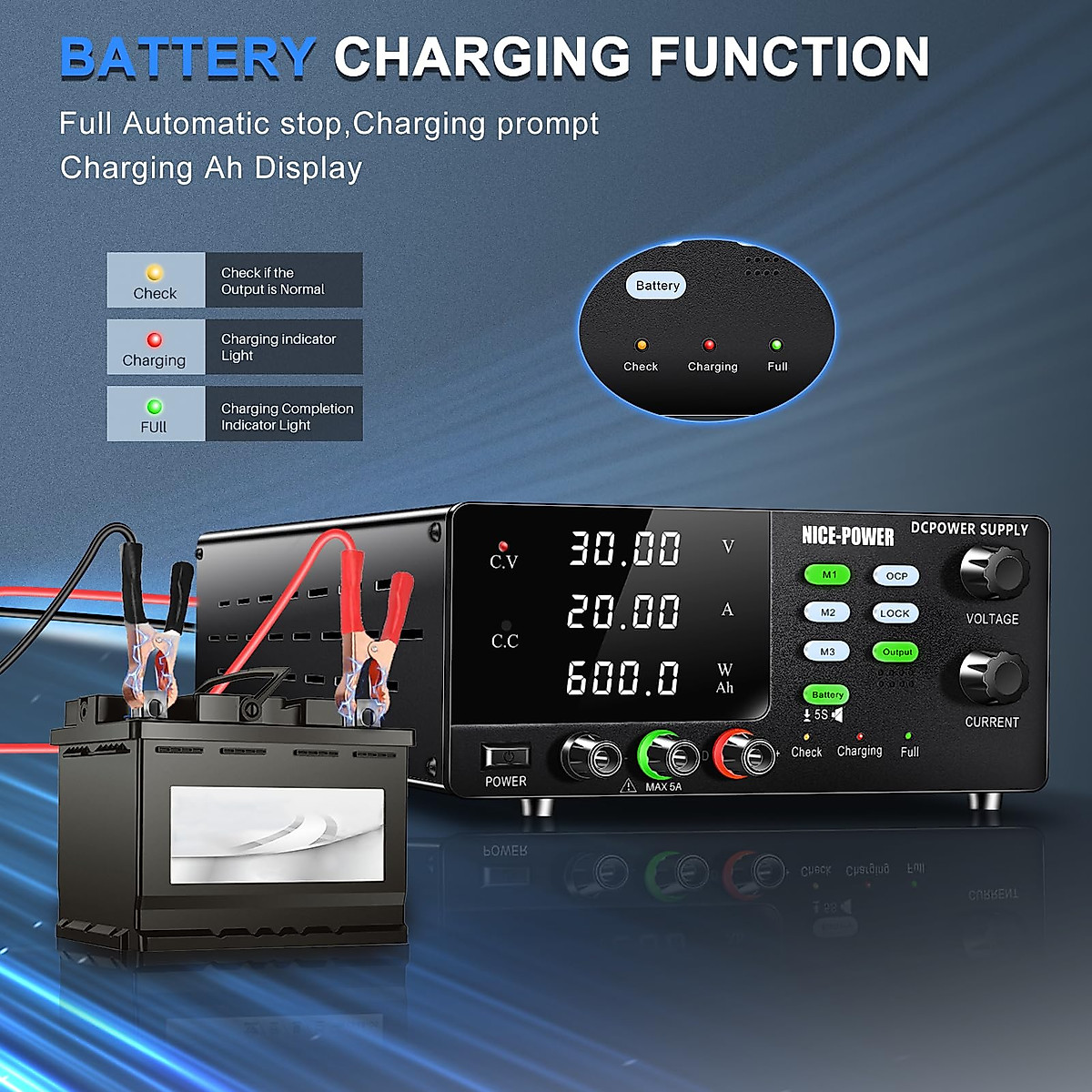 NICE-POWER DC Power Supply Variable, 30V 20A 600W High Power Bench Power Supply for Battery Charging, Adjustable Switching Regulated Power Supply with OCP, Memory Storage, Output Switch, Lock Button