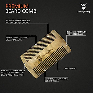 Striking Viking Sandalwood Beard Comb & Case - Pocket-Sized Grooming Tool with Fine & Coarse Teeth, Perfect for Use with Balms & Oils