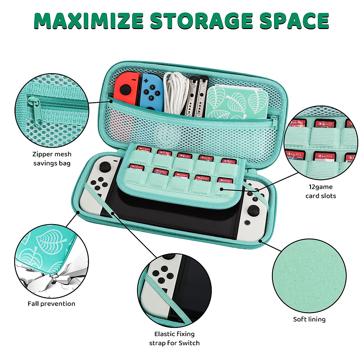 FUNDIARY Green Travel Carrying Case for Nintendo Switch and Switch OLED with Animal Crossing Leaf Design, Shockproof Accessories with Portable Storage Bag, Game Card Case, Handle Strap & 2 Thumb Caps