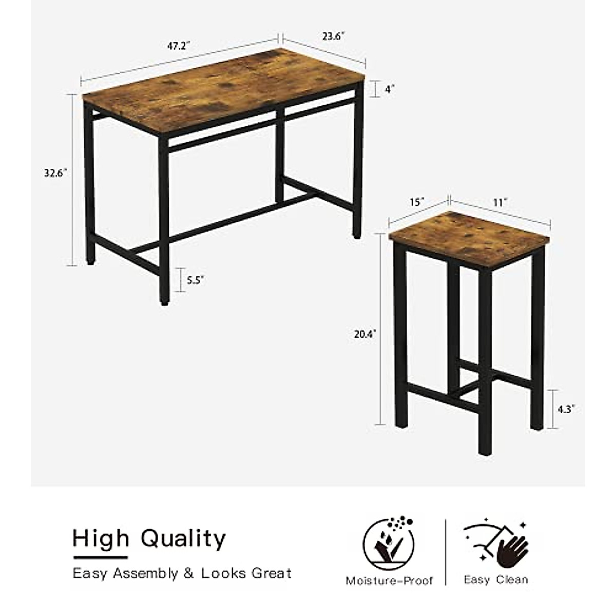 MIERES Dining Table Set for 4-5pcs Kitchen Room Dinette Furniture, Compact Space | Sturdy Metal Frame | Easy Assembly, Height 32.7'', Ideal for DiningRoom | Breakfast Nook, Rustic Brown, 5pcs