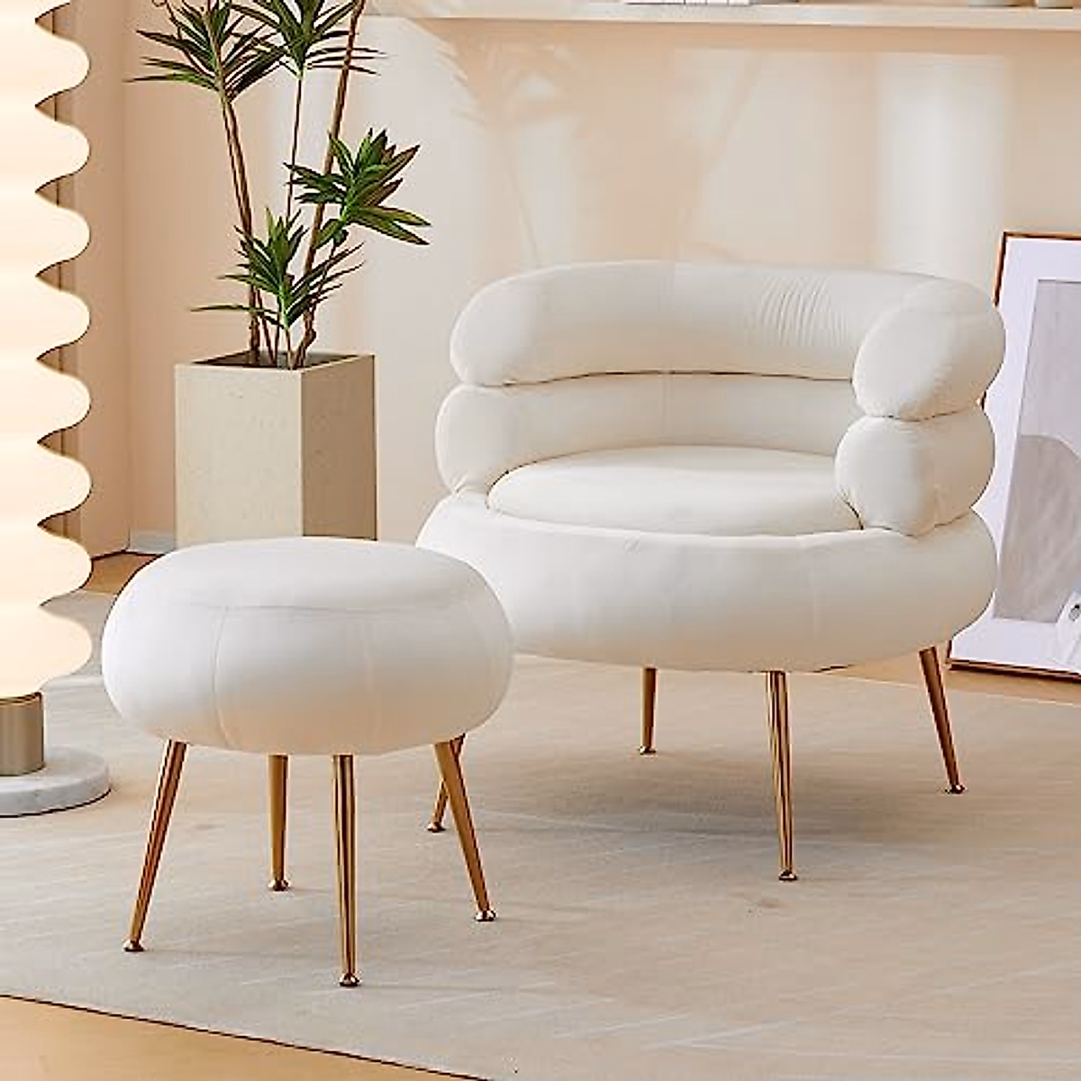 Modern Accent Chair with Ottoman - Barrel Chair with Golden Metal Legs - Velvet Single Sofa Reading Chair - Upholstered Tufted Lounge Chair - Armchair with Footrest for Bedroom Living Room - Beige