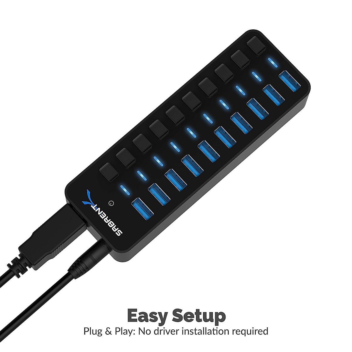 10 Port 60W USB 3.0 Hub with Individual Power Switches and LEDs Includes 60W 12V/5A Power Adapter+Mini Travel 2.4GHz Wireless Mouse with Nano Receiver