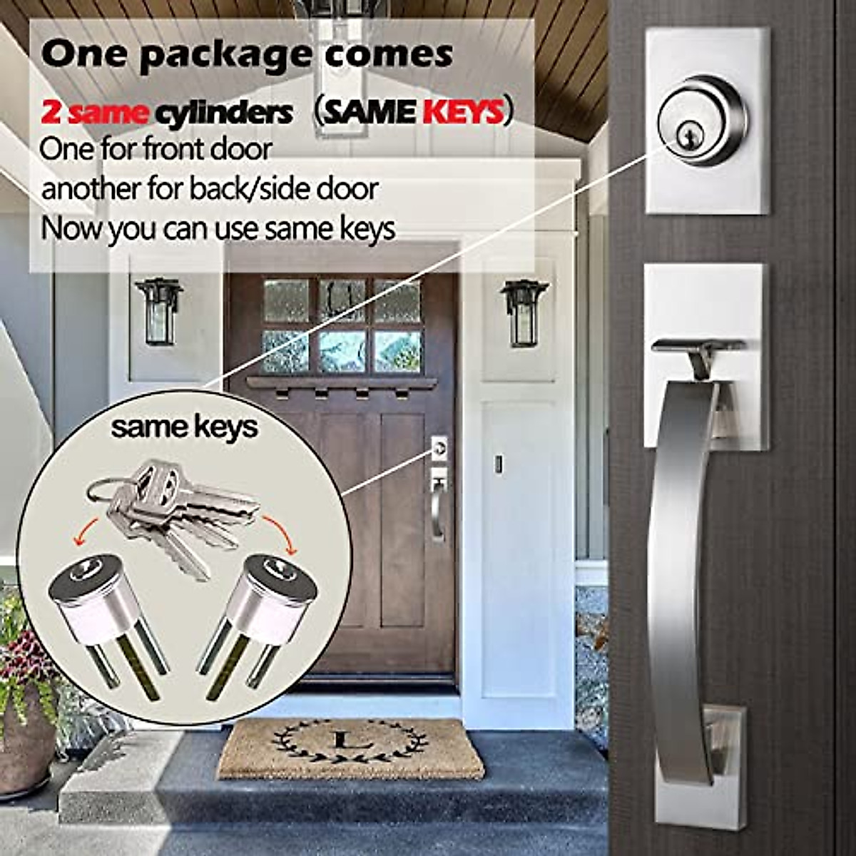 NEWBANG Silver Double Doors Handle Lock Set for Front & Entry Door - Satin Nickel Finish,MDHST2017SN-SET-BR
