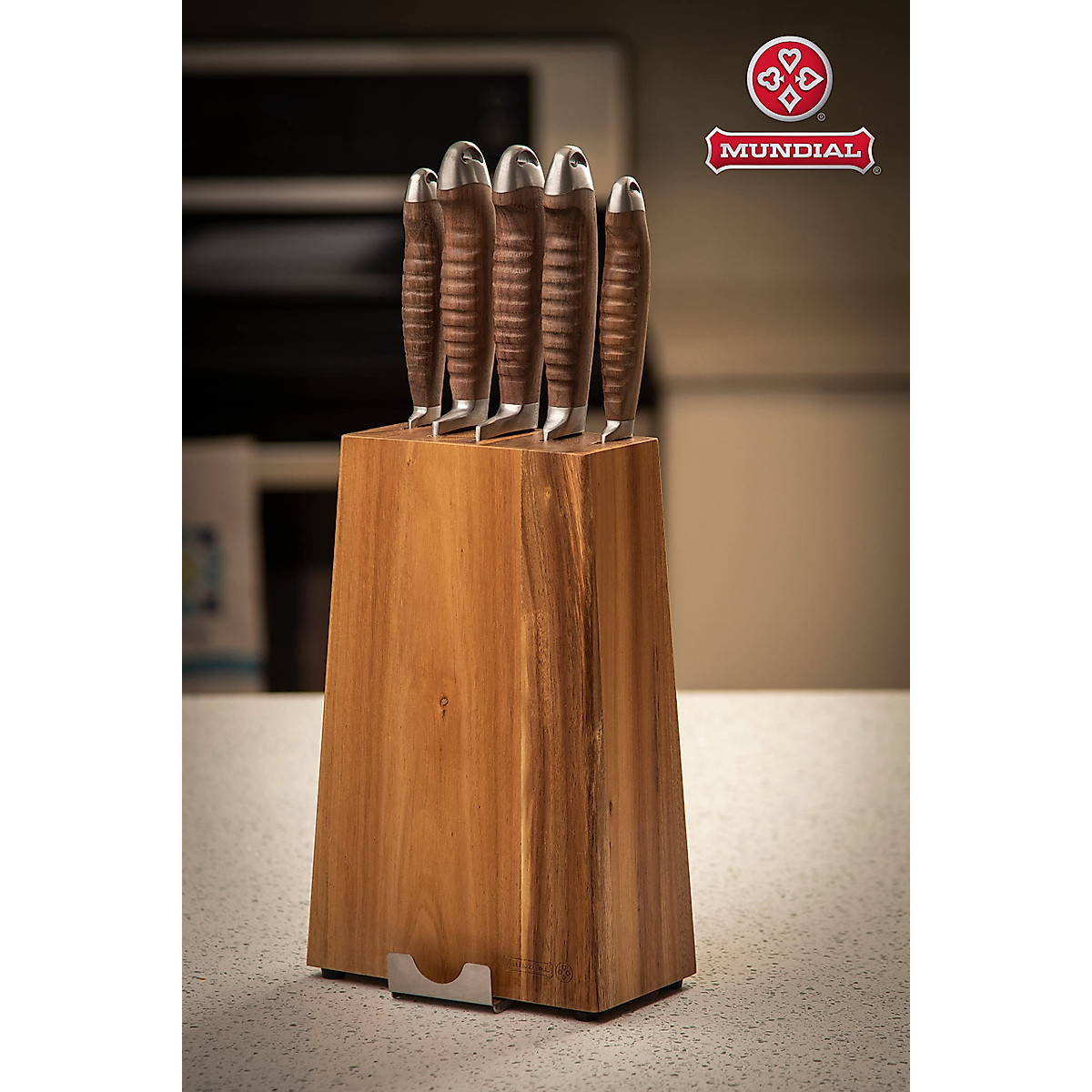 Mundial Nobilis Series 6-Piece Knife Block Set, Including 5 Knives with Wood Handle and Stainless Steel Blades and 1 Wood Block with Tablet Support