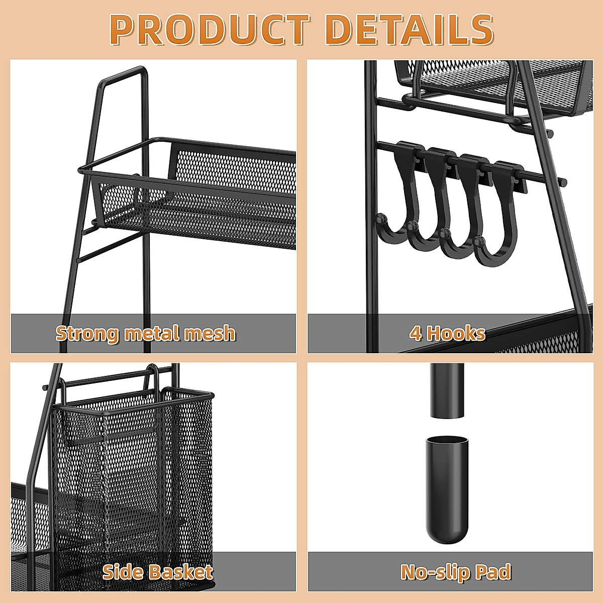 VITVITI 2-Tier Bathroom Organizer Countertop, Metal Wire Mesh Bathroom Counter Organizer Storage with Basket Hooks, Vanity Tray Shelf, Kitchen Spice Rack, Black