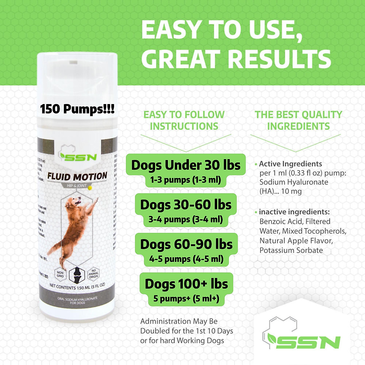 SSN Fluid Motion - Hyaluronic Acid for Dogs 30-60+ Day Supply - Liquid Joint Supplement for Senior Dogs - Apple Flavor - Hip & Joint Support, Mobility, and Comfort - Glucosamine Alternative (150ml)