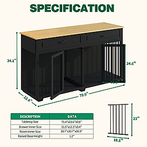 Lovinouse Large Double Dog Crate Furniture, 72.4" Wooden Dog Crate Kennel with 2 Drawers and Divider, XXL Dog Crates Furniture for Large Dog or 2 Medium Dogs Indoor, Black+Natural Tabletop