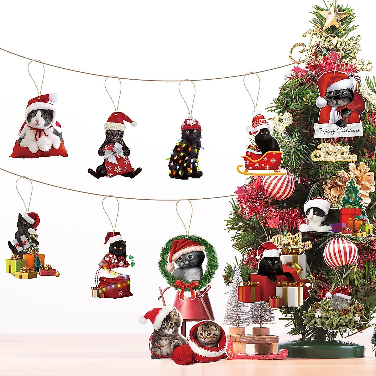 36 Pcs Black Cat Christmas Ornament for Tree Christmas Tree Ornaments Black Cat Decor Christmas Cat Wood Gift for Cat Lovers Women Men Xmas Car Hanging Ornaments