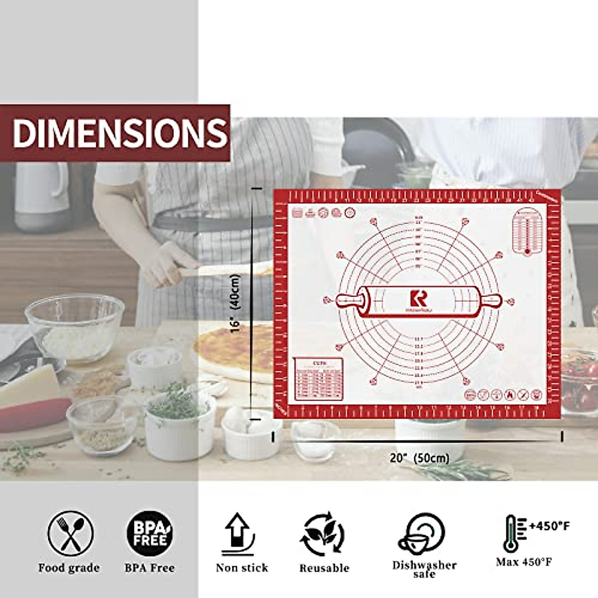 KitchenRaku Silicone Baking Mat, Nonstick Pastry Mat for Rolling Out Dough, Nonslip Macaroons Baking Mat with Measurement Guide, Food-Grade Oven Mat for Cookies, Bread, Pastries, Pie Crust