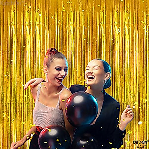 KatchOn, Iridescent Gold Fringe Curtain Backdrop - XtraLarge, 6.4x8 Feet, Pack of 2 | Gold Foil Curtains | Gold Streamer Backdrop Curtain, Gold Backdrop Curtain for Gold Streamers Party Decorations