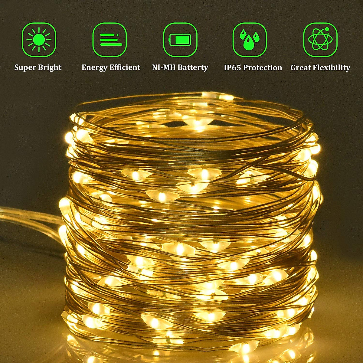 Solar String Lights, 100-LED 39ft 8-Lighting Modes Waterproof Copper Wire Solar Powered Fairy Lights for Christmas, Patio, Lawn, Garden Decorations (1 Pack, Warm White)