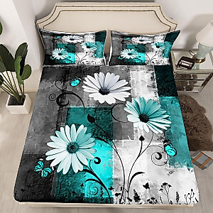 Flowers Geometric Full Size Fitted Sheet,Green Grey Black Square Print Soft Luxury Bedding Set,3D Floral Abstract Art Graffiti Bed Cover All Round Elastic Pocket with 2 Pillowcases