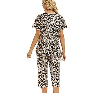 LOCUBE Women's Pajama Sets Soft Comfy Pj Set Short Sleeve Tops and Capri Pants with Pockets (#9 Leopard, Medium)