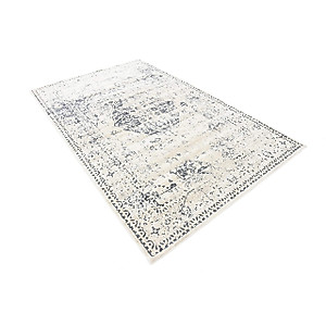 Unique Loom Chateau Collection High-Low Pile, Vintage, Traditional, Distressed, Medallion Area Rug (5' 0 x 8' 0 Rectangular, Beige/Navy Blue)