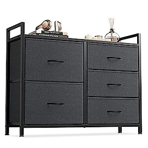 Cubiker Dresser Storage Organizer, 5 Drawer Dresser Tower Unit for Bedroom Hallway Entryway Closets, Small Dresser Clothes Storage with Sturdy Steel Frame Wood Top, Black Grey