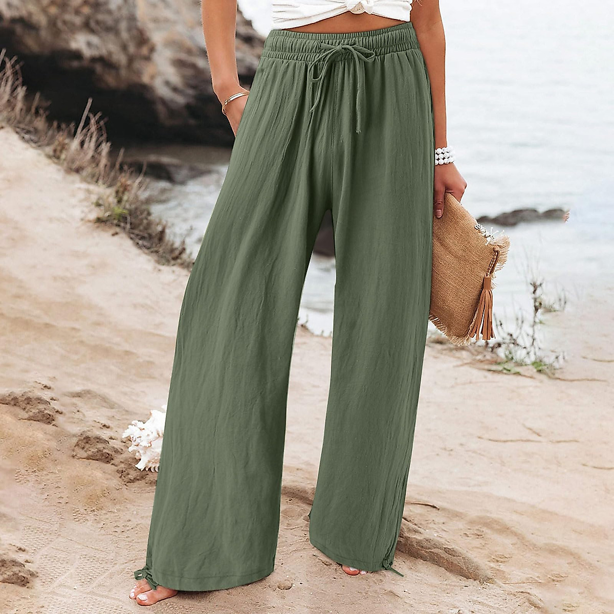 Linen Wide Leg Palazzo Pants - Summer Boho Beach Casual Pants with Pockets, High Waisted, Elastic Waist, Drawstring, Comfy Loose Trousers