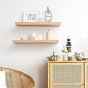 Oak Floating Shelves, 8 Inch Deep Floating Shelf Wall Mounted, 24 Inch Long Wooden Wall Shelf Set of 2, Farmhouse Rustic Hanging Shelving for Kitchen, Bedroom, Living Room, Natural Oak Color