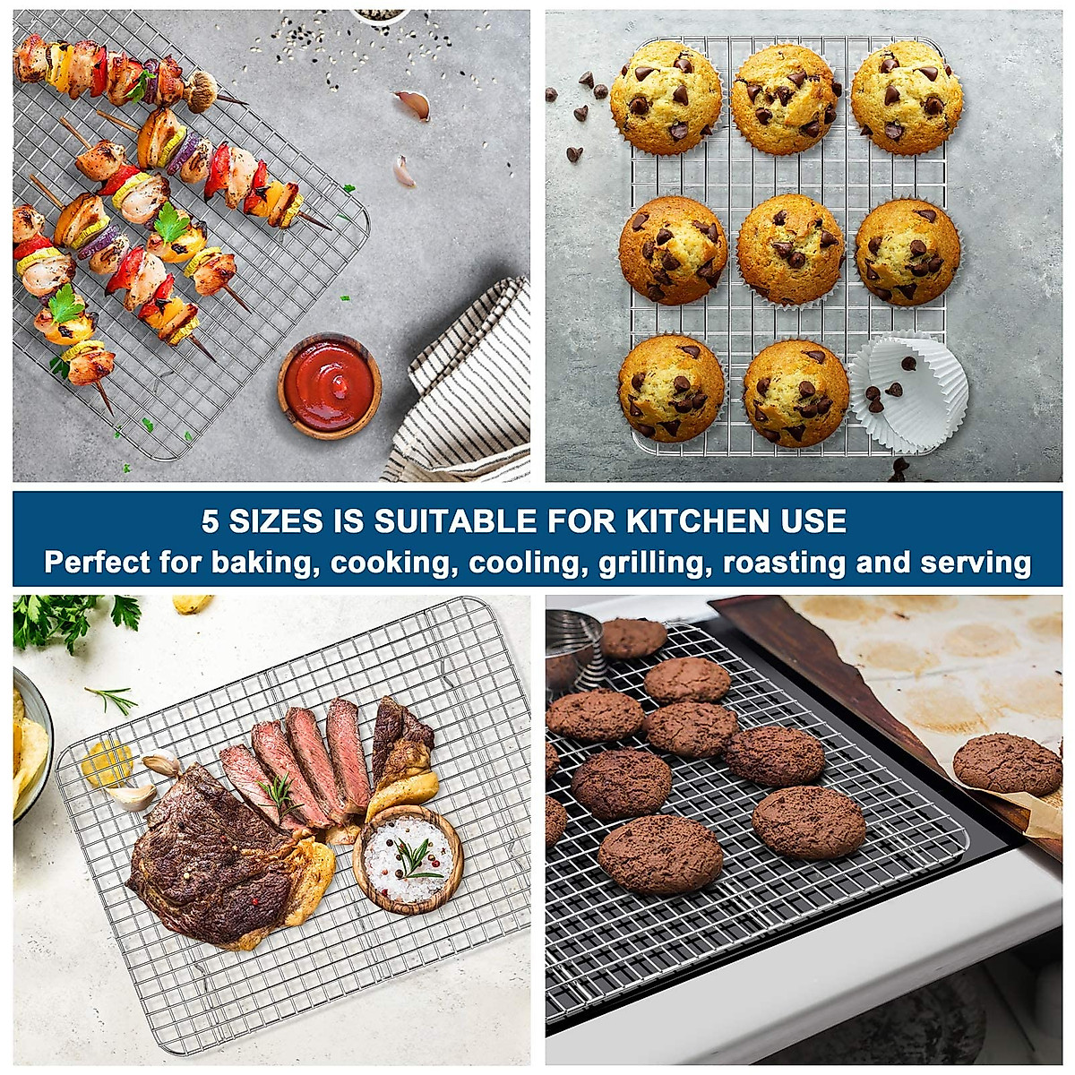 P&P CHEF Baking Rack Cooling Racks Set of 5, Stainless Steel Grid Cooking Roasting Rack for Home Kitchen Use, Oven & Dishwasher Safe, Healthy & Durable