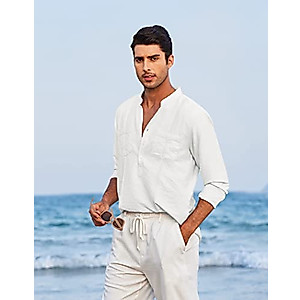 COOFANDY Men's Linen Henley Shirt Long Sleeve Casual Hippie Cotton Beach T Shirts White
