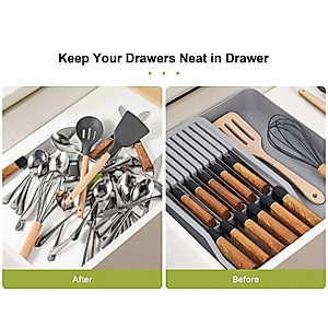 SOMIER Expandable Knife Organizer, Kitchen Drawer Knife Block with Adjustable Compact Flatware Cutlery Tray for Cooking Utensils, 2 Tier Knife Holder Insert for 11 Knives Storage, Gray