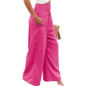 Vansha Women Summer High Waisted Cotton Linen Palazzo Pants Wide Leg Long Lounge Pant Trousers with Pocket Hot Pink M