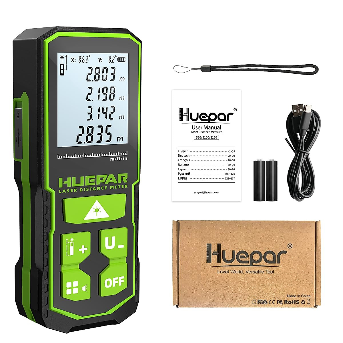 Huepar Laser Distance Measure Green Beam 328Ft, Digital Meter with Angle Sensor, LCD Backlit Display, Rechargeable Laser Measurement Tool M/in/Ft/Ft+in, Pythagorean/Area/Volume Measuring-S2-LM100