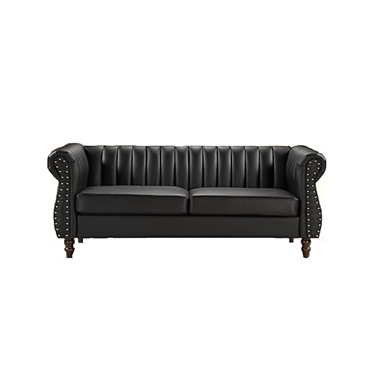 Container Furniture Direct Chesterfield-Inspired 77" Faux Leather Sofa with Elegant Design, Gourd Legs, and Sustainable Pleather Upholstery, 3 Seater Couch for Living Rooms and Offices, Black
