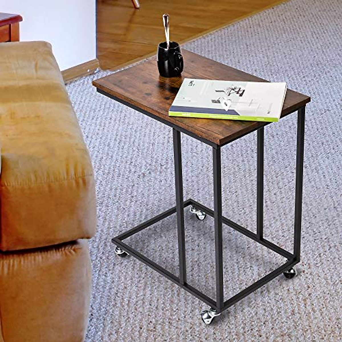 Zoyoleader C Shaped End Side Table, Vintage Sofa Couch Table with Wheel, Industrial Bedside Table with Metal Frame for Living Room, Bedroom, Rustic Brown (C Shape)