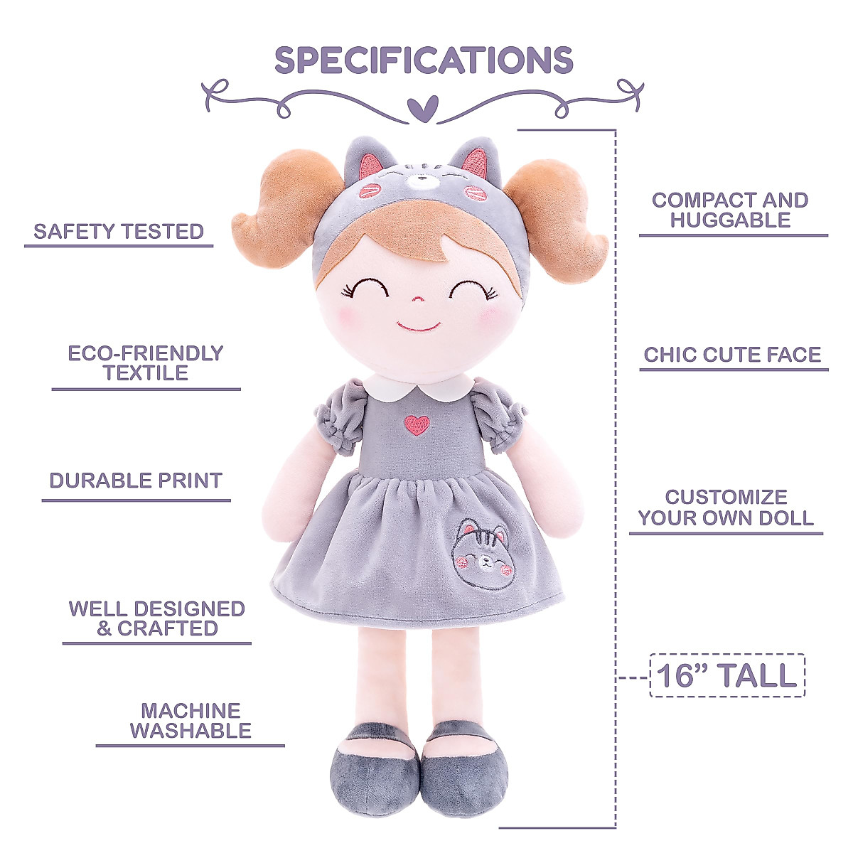 Gloveleya Personalized Doll with Your Name - Cute Gray Cat Custom Soft Plush Doll for Girls Plush Doll Customized Gifts - Muñecas de Trapo Personalizadas para Niñas