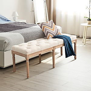Bonzy Home Tufted Extra-Long Entryway Bench, 47” French Vintage Bedroom Benches Upholstered Dining Benches, Fabric End of Bed Bench for Bedroom Dining Room Living Room Entryway, Beige