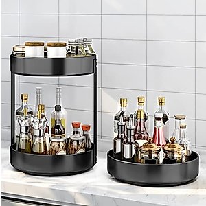 Fineget Spinning Large Metal Spice Rack Organizer for Cabinet Kitchen Lazy Susan Rotating Turntable Tiered Countertop Vertical Storage Rack Self Black (2Tier + Single Layer, 2Sets)