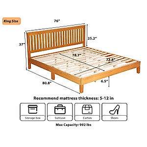Wood Bed Frame, Wooden Bed Frame with 14 Strong Wooden Slats, King Headboard and Frame with Complete Headboard, Wood Platform Bed, No Box Spring Needed, King Bed Frame Wood with Solid Wood Foundation