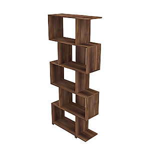 Manhattan Comfort Petrolina Bookshelf with 5 Zig-Zag Cubbies & Open Shelves, Unique Mid Century Modern Bookcase, Ideal for Living Room, Office, Bedroom, Display Ornaments, Trophies, Photos, Nut Brown