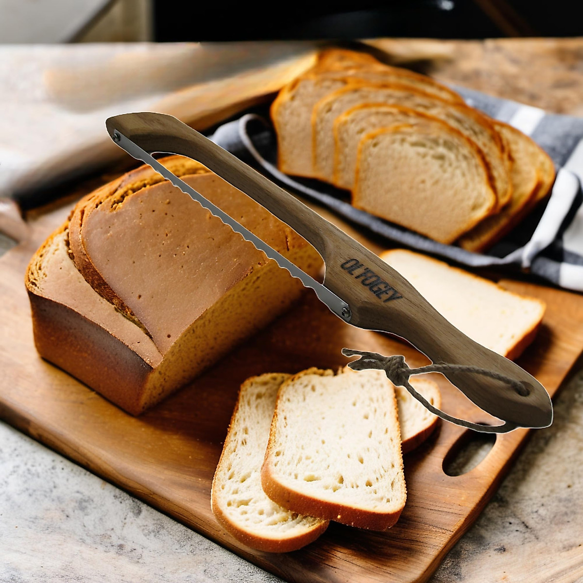 BREAD Knife islice.ca Bagel Knife - solid oak bow bread slicer for homemade bread - 17 inch - easy grip handle. For sourdough loaf & baguettes, easily slices crusty and hot loaves premium kitchen gift
