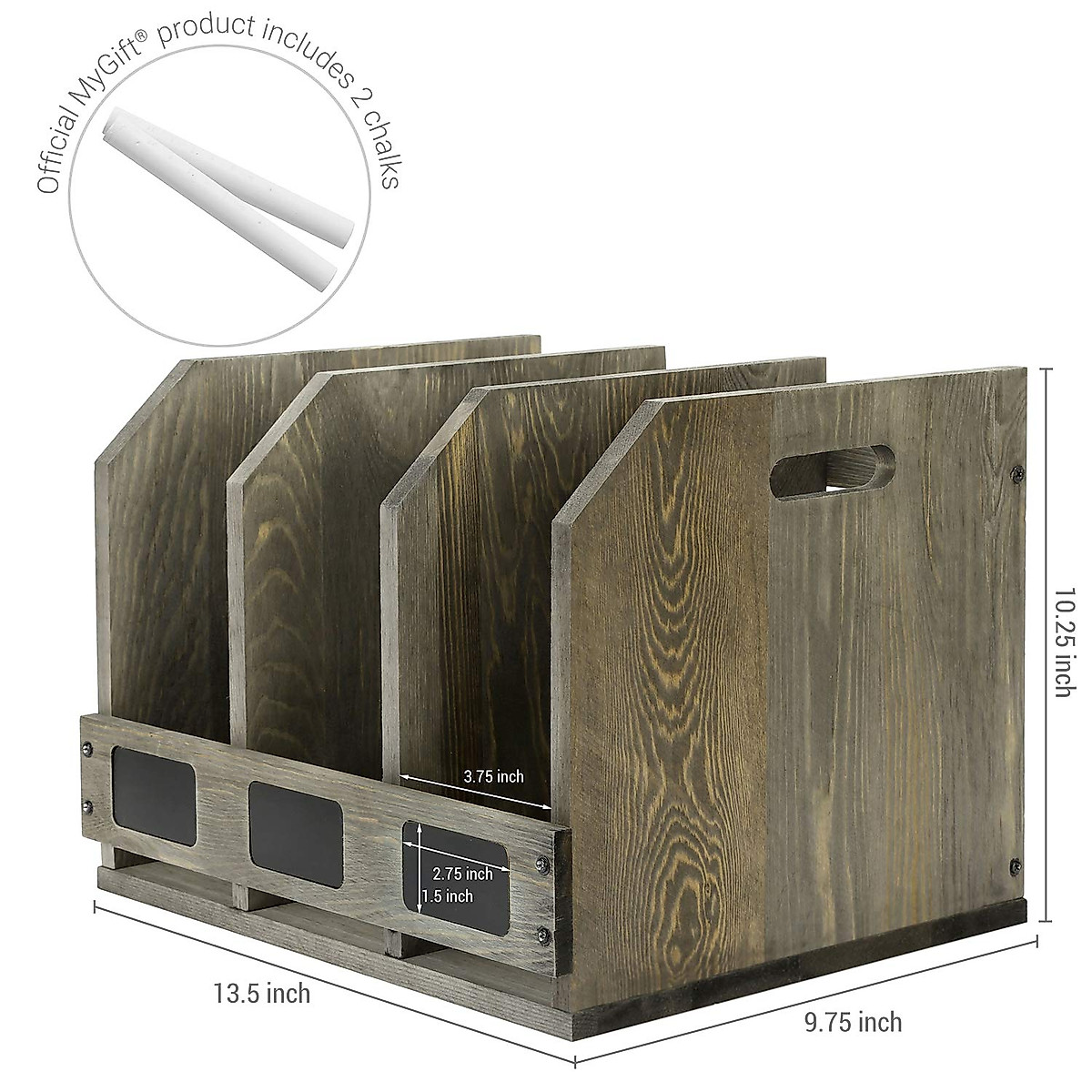 MyGift Vintage Gray Solid Wood Office Desktop Document Organizer, Desk File Folder and Binder Rack with 3-Compartments and Chalkboard Labels