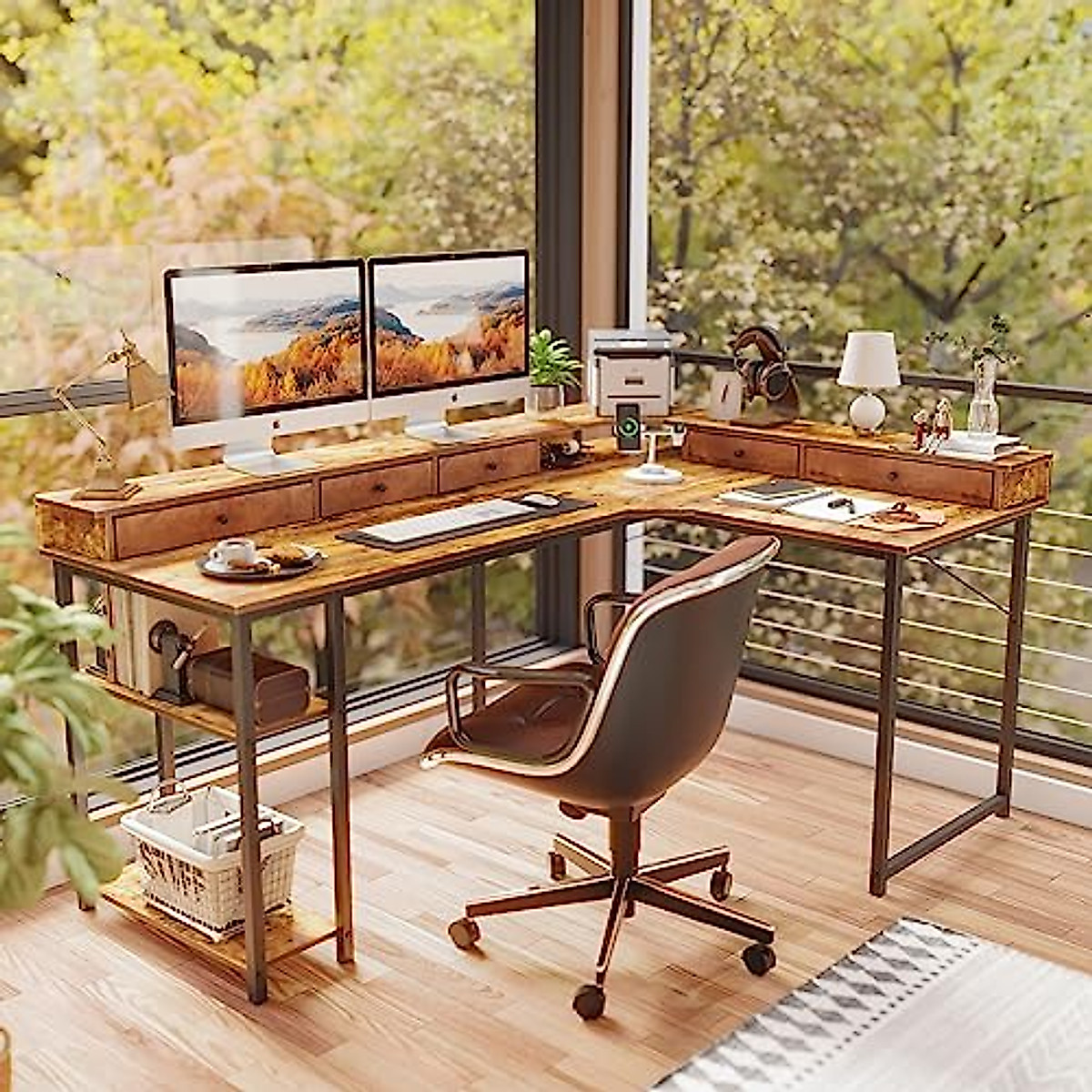 Treesland L Shaped Desk, 67 Inch Computer Desk with 5 Drawers, Wooden Office Desk with Monitor Stand, Sturdy Corner Writing Desk, Rustic Brown
