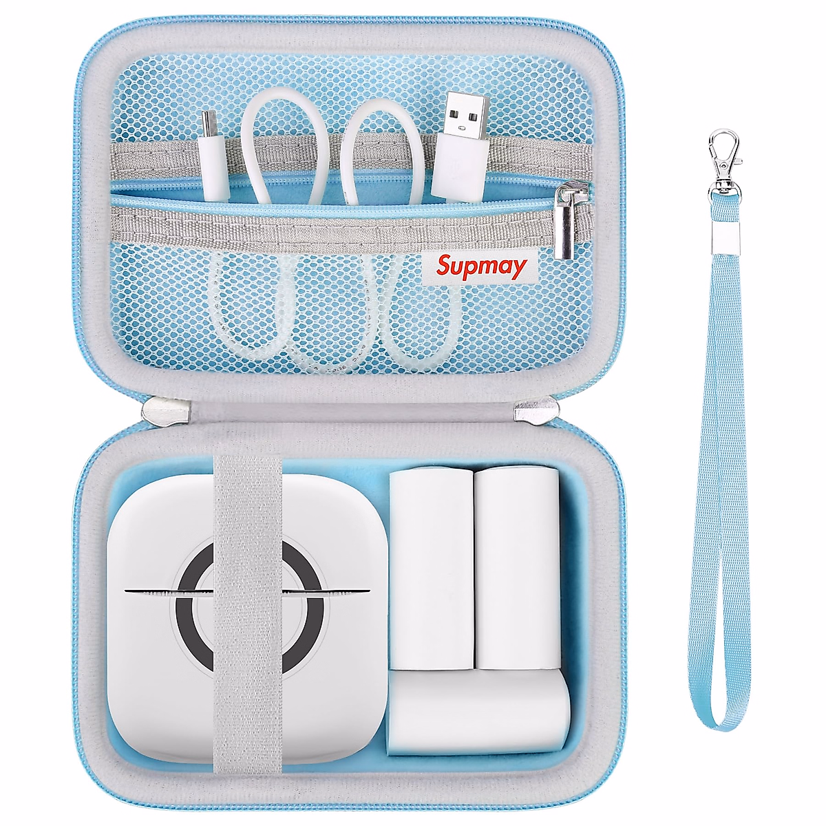 Supmay Hard Travel Case for Cabaro Mini Printer Sticker Thermal Printer, Bluetooth Portable Phone Printer Storage Holder Protection Case with Zipper Mesh Pocket fit Rolls Paper, Charging Cable, Blue